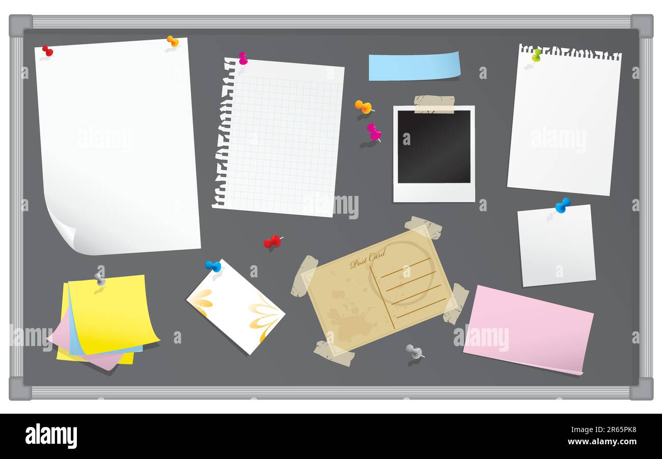 Bulletin board with stationery. All elements are grouped for easy ...