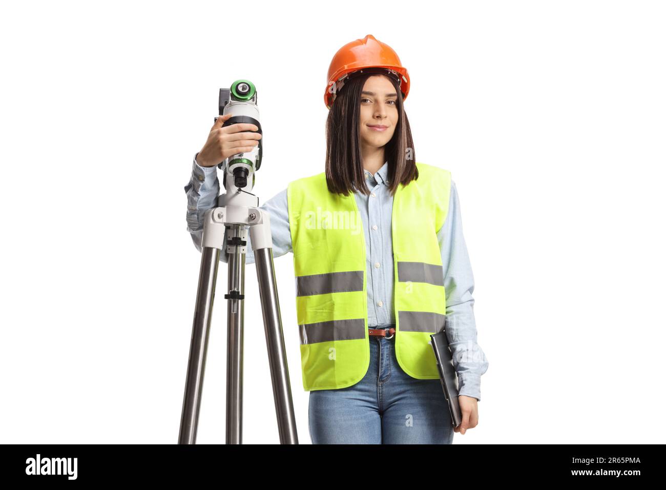Female geodetic surveyor with a measuring device isolated on white ...