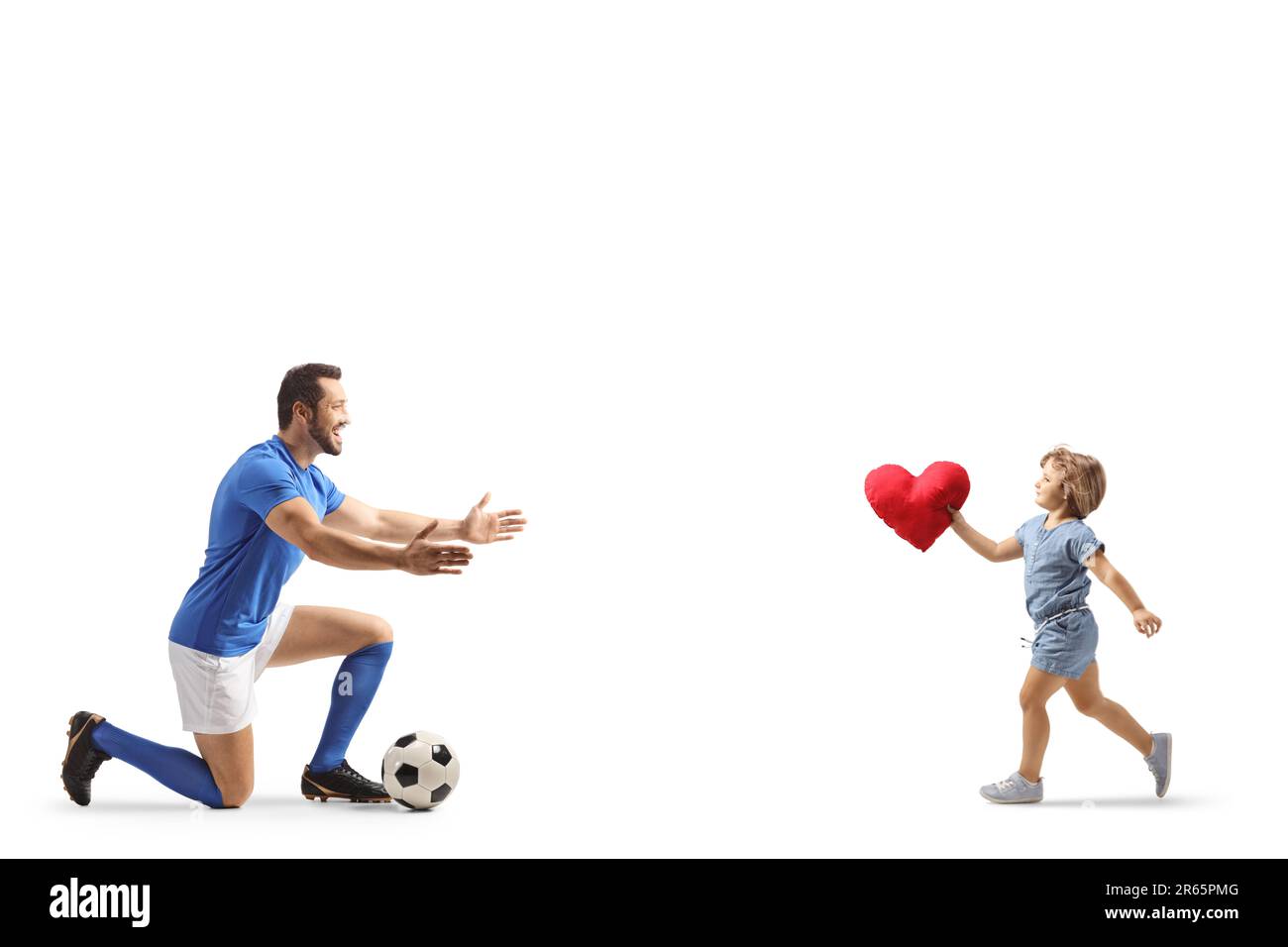Girl with a red heart running towards a football player isolated on ...
