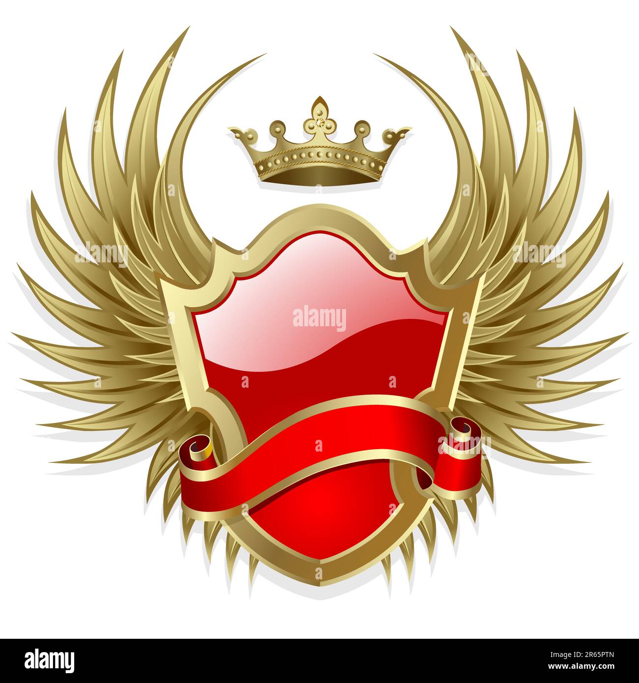 Gold-framed label with wings and red ribbon on the white background ...