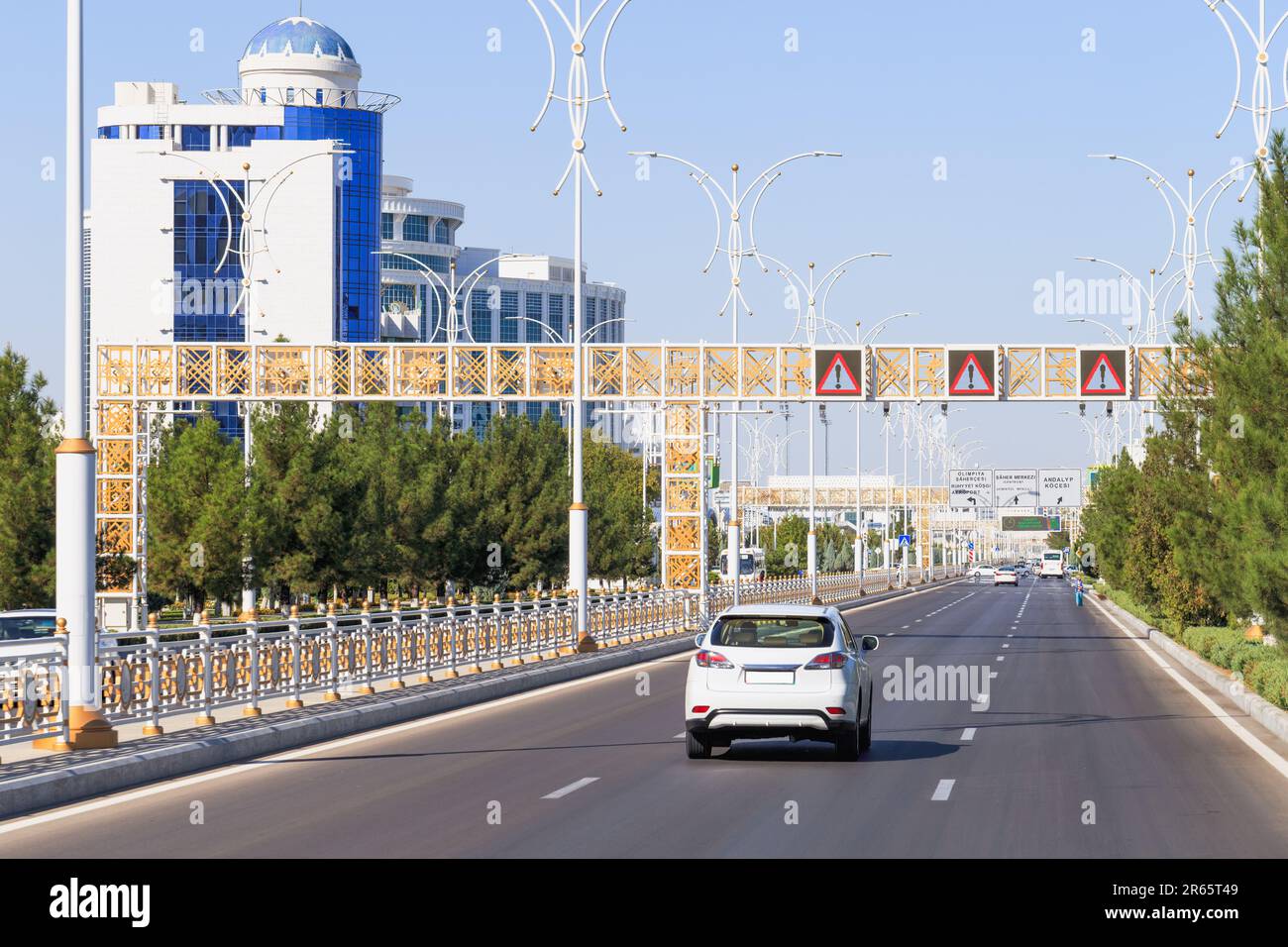 Urban city scape of Ashgabat city center with wide highway and light ...
