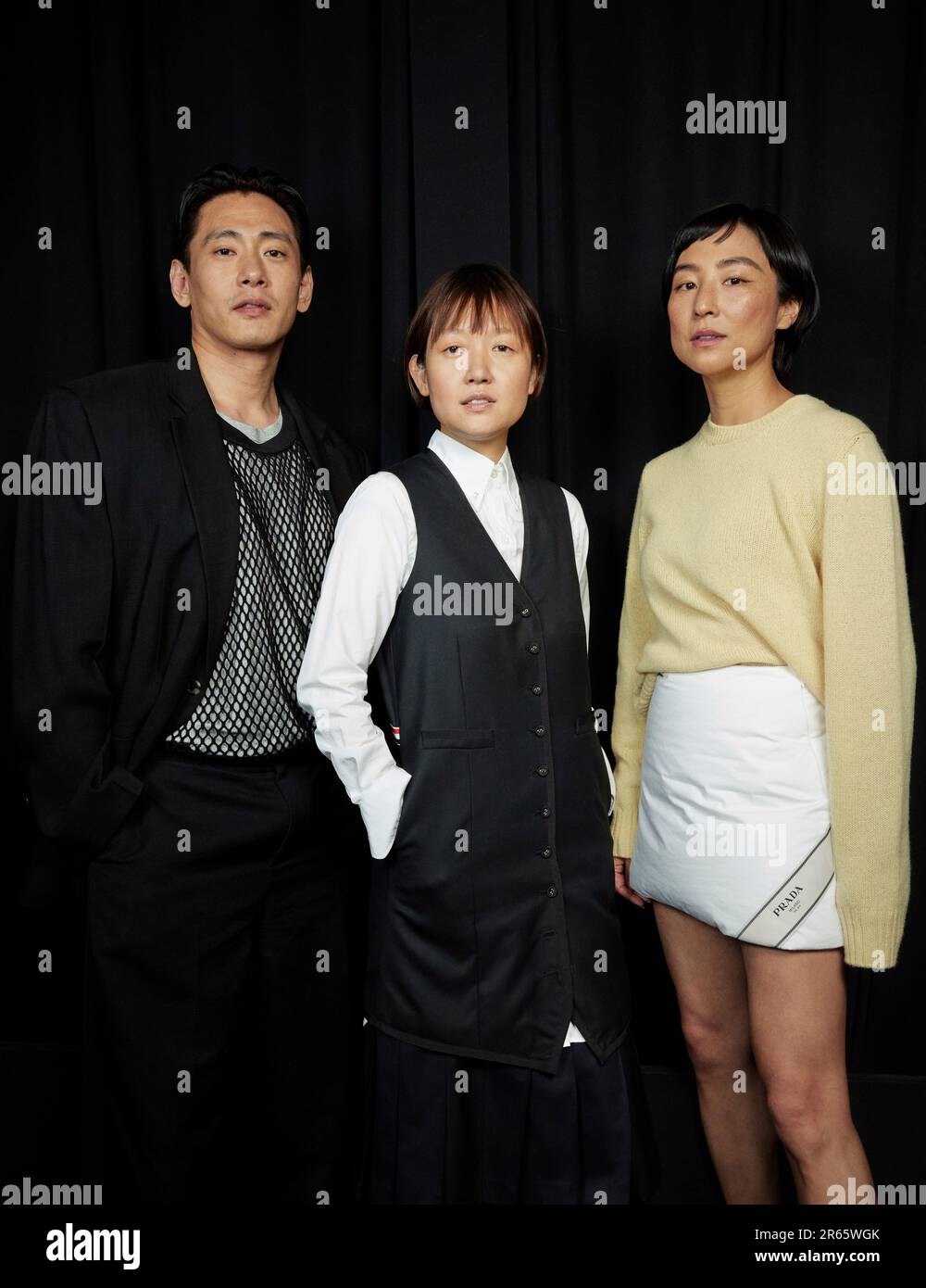 Teo Yoo, left, Celine Song and Greta Lee pose for a portrait to promote ...