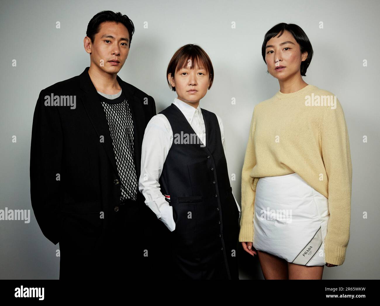 Teo Yoo, left, Celine Song and Greta Lee pose for a portrait to promote ...