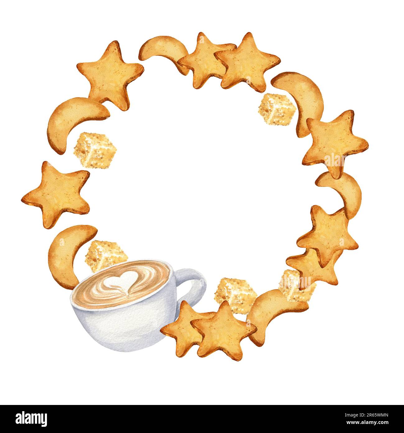 watercolor round border with cup of coffee, cookies, biscuit. hand ...
