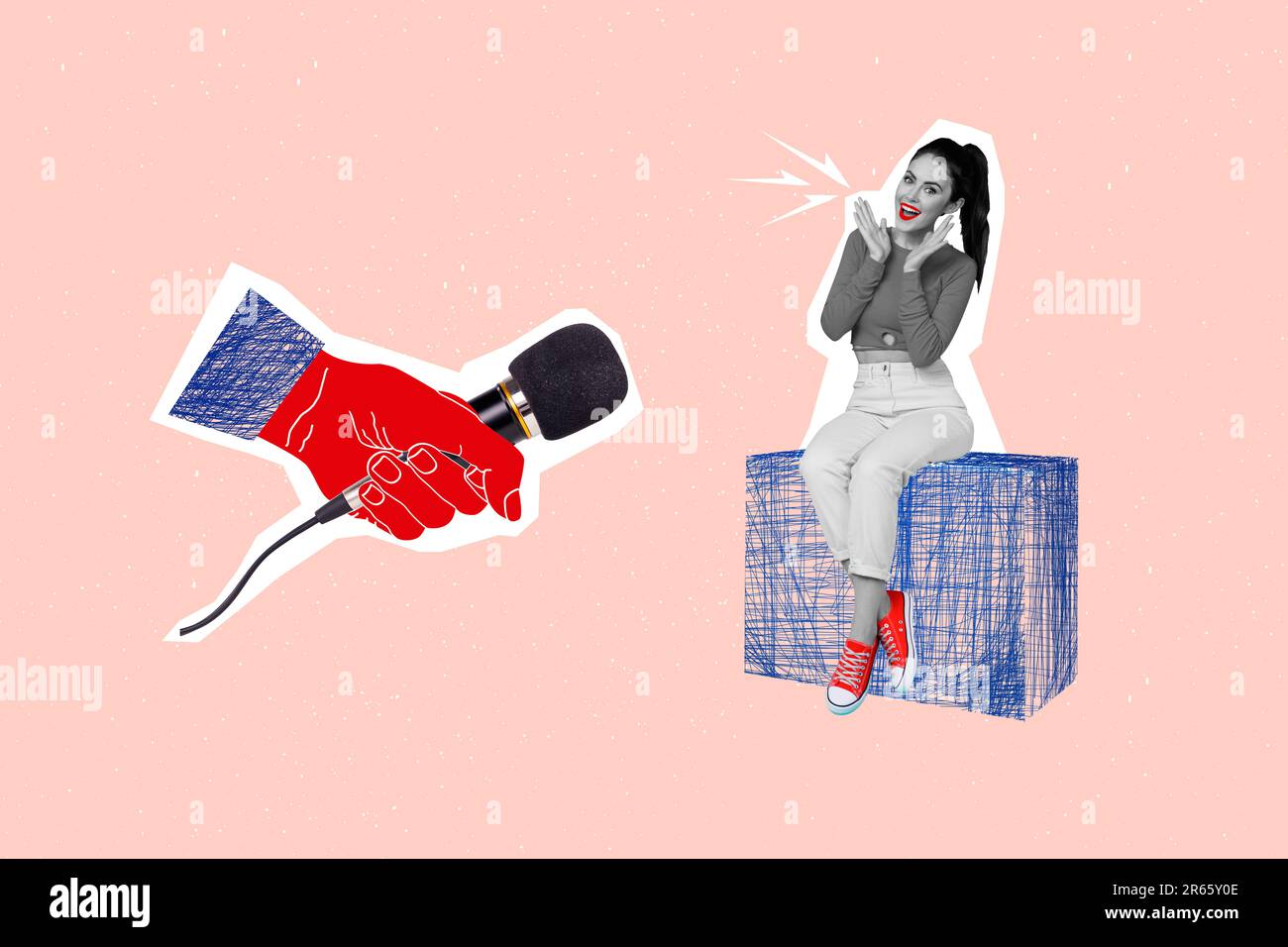 Collage picture of big painted reporter arm hold microphone interview ...