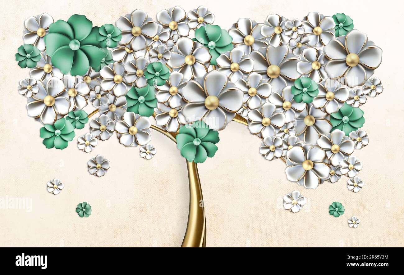 3d wallpaper floral tree background with light green flower leaves and ...