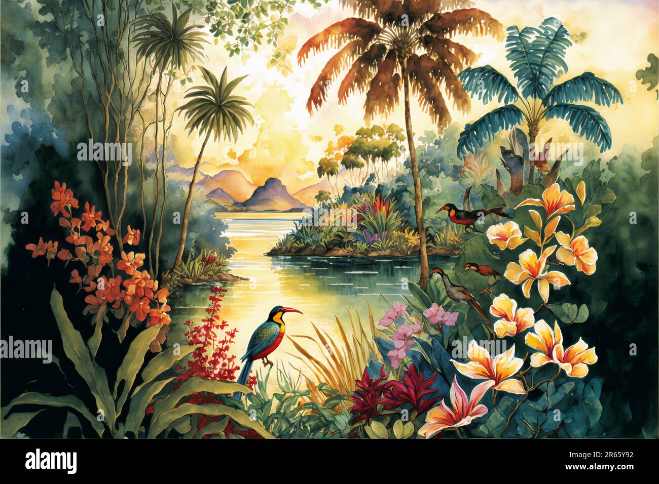 Tropical Paradise wallpaper. trees and birds with detailed watercolor ...