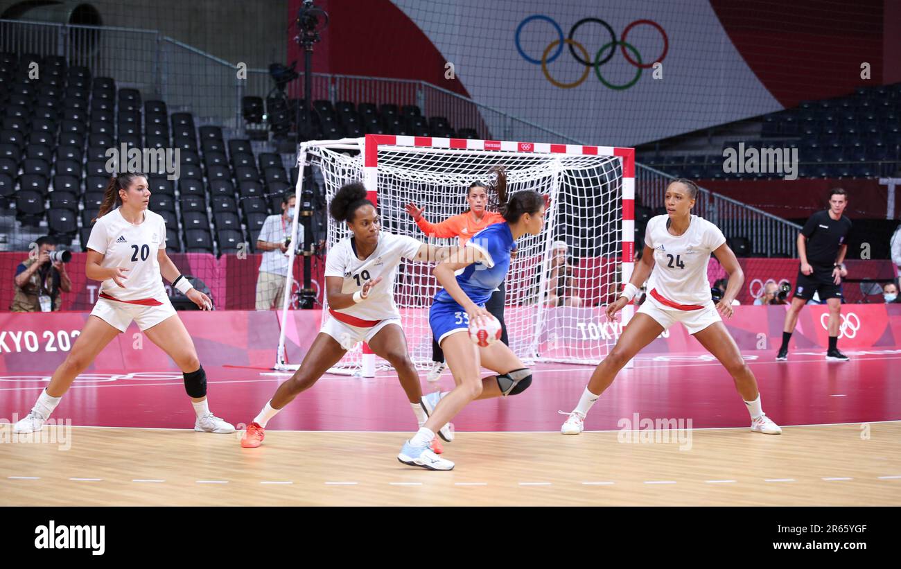 AUG 8, 2021 - Tokyo, Japan: Team France players defend in the Handball ...
