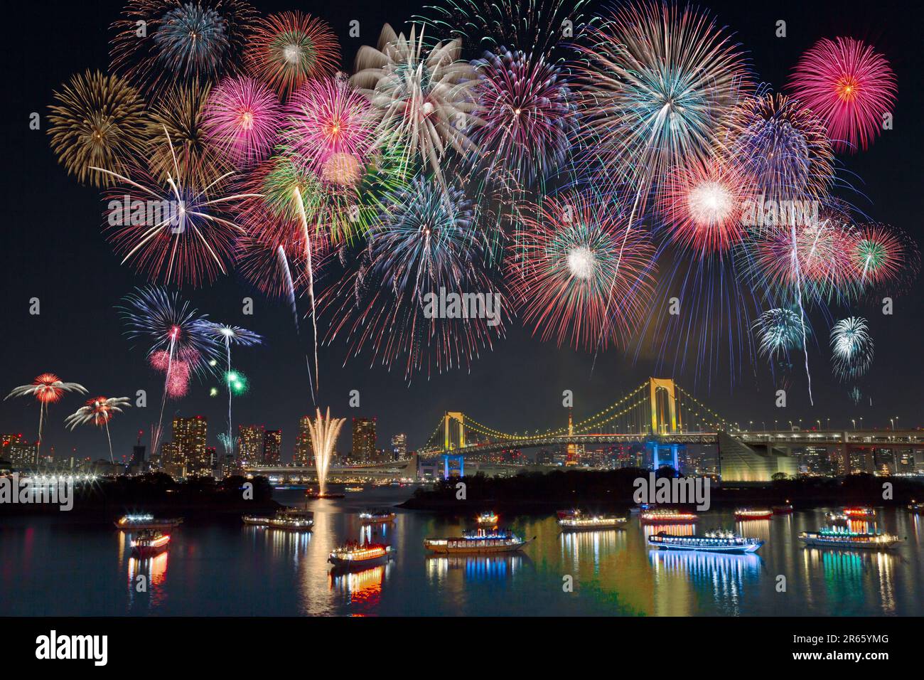 Rainbow Bridge and fireworks Stock Photo - Alamy
