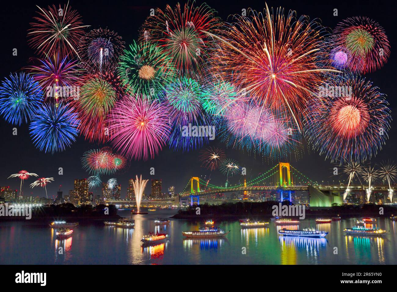 Rainbow Bridge and fireworks Stock Photo - Alamy