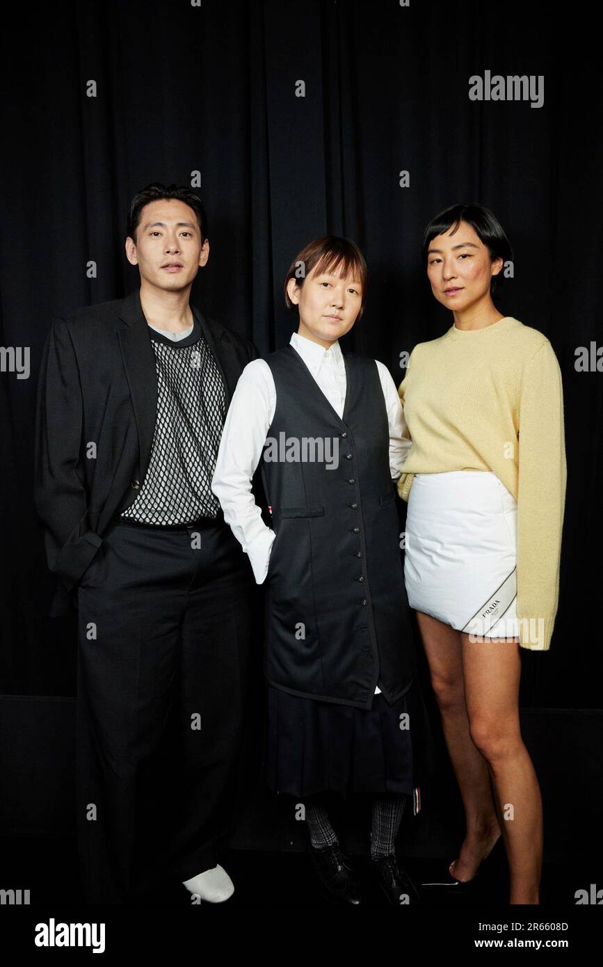 Teo Yoo, from left, director Celine Song and Greta Lee pose for a ...