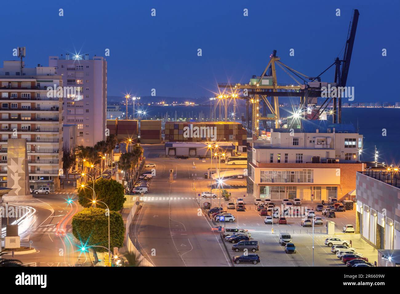 Container terminal in the cargo port at night. Cadiz. Spain. Andalusia ...