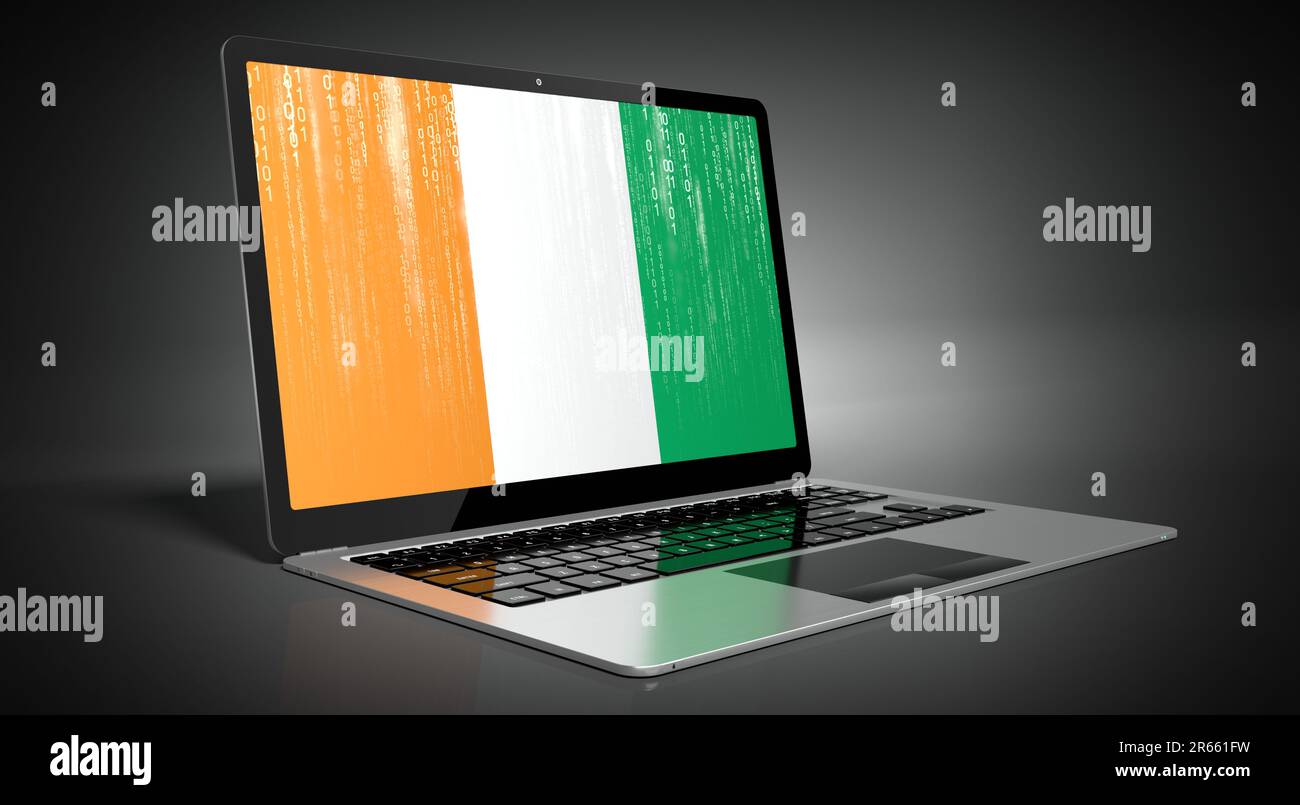 Ivory Coast - country flag and binary code on laptop screen - 3D ...