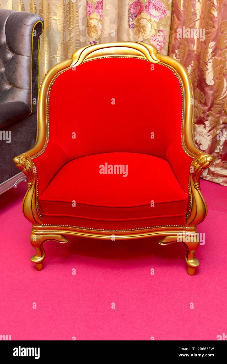 Bright Vivid Red Plush Armchair With Gold Frame Luxury Style Stock ...