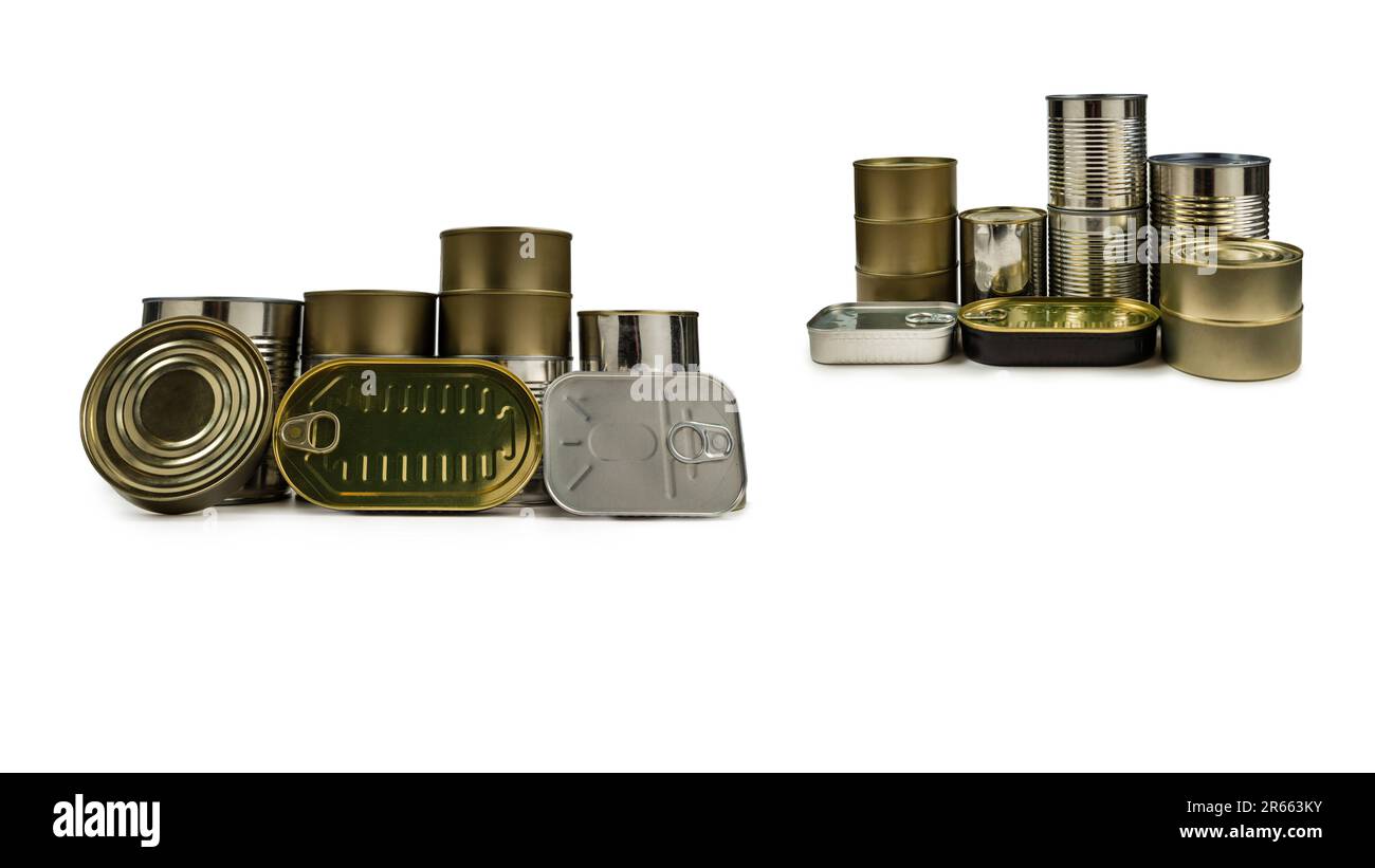 Mix of cans isolated on white background. Copy space Stock Photo - Alamy