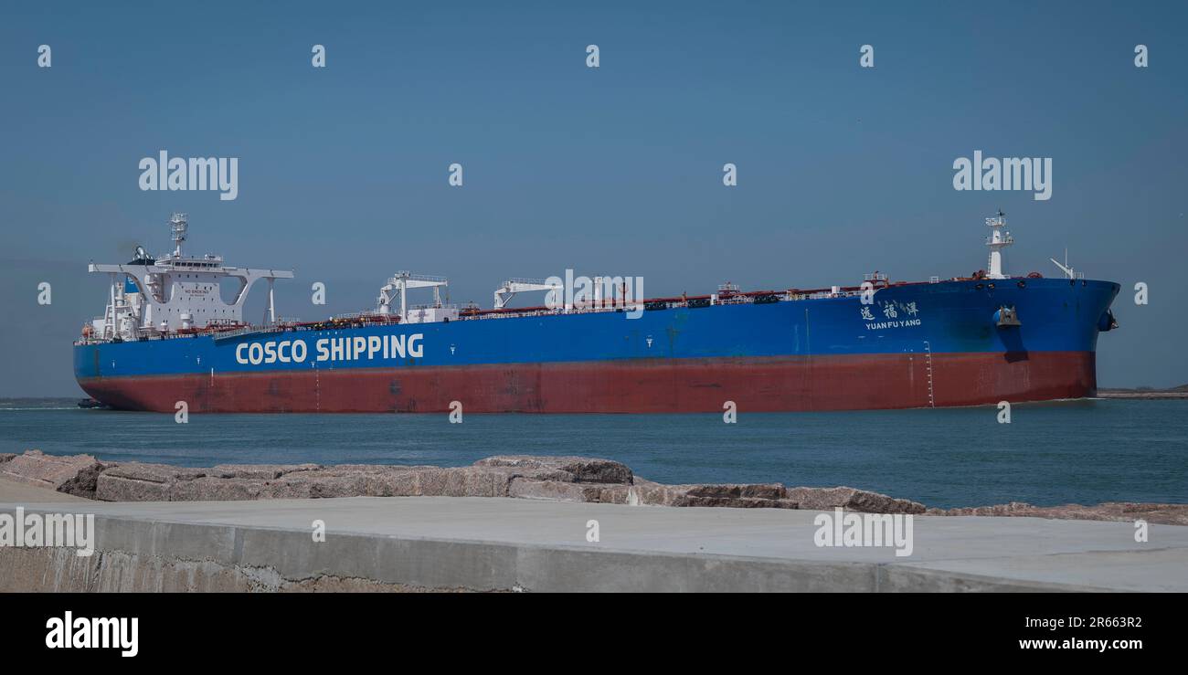 PORT ARANSAS, TX - 26 FEB 2023: The YUAN FU YANG, an Oil Products Tanker Ship sails toward the ...