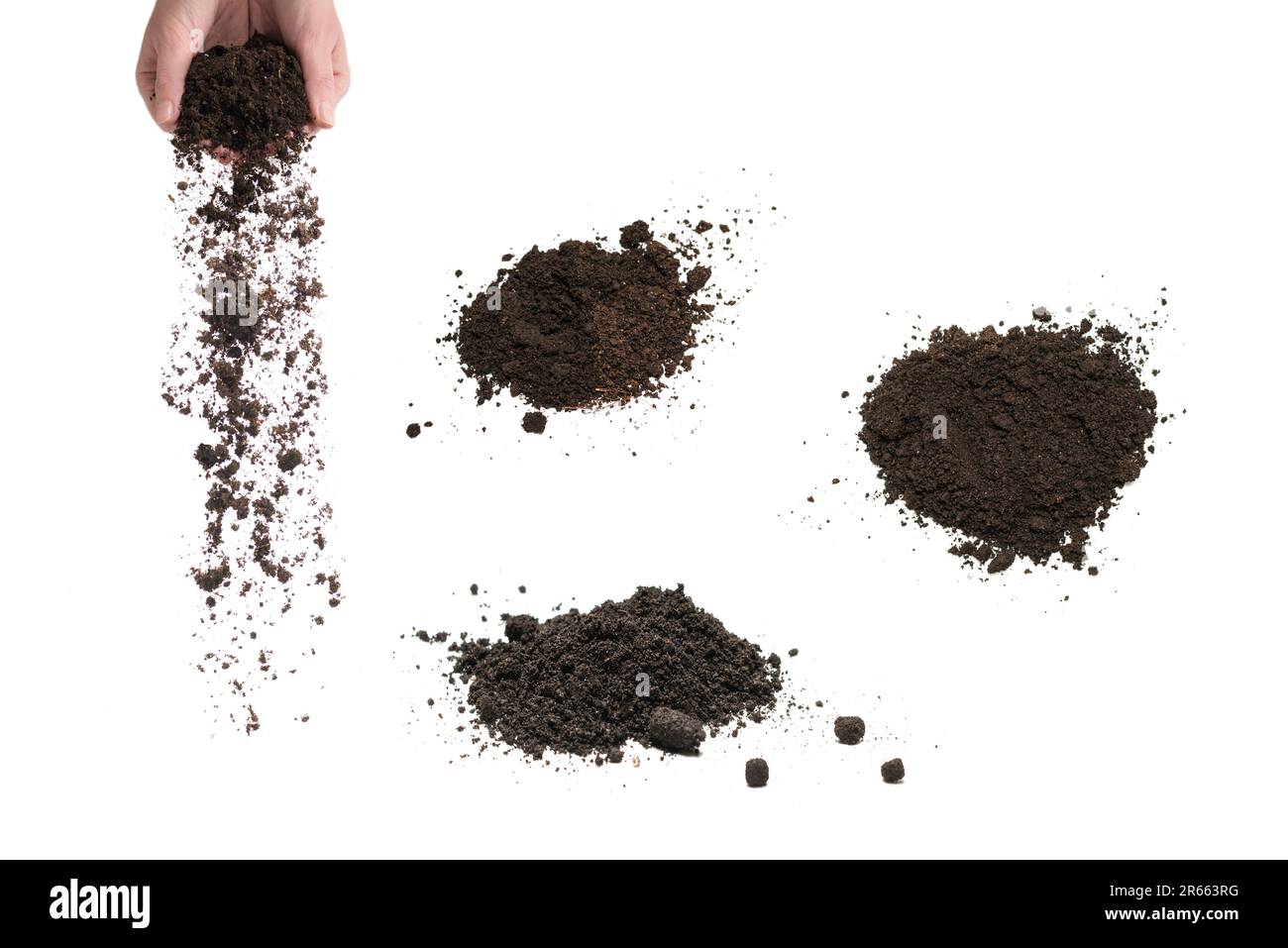 Brown soil in woman hands isolated on white background. The soil falls ...