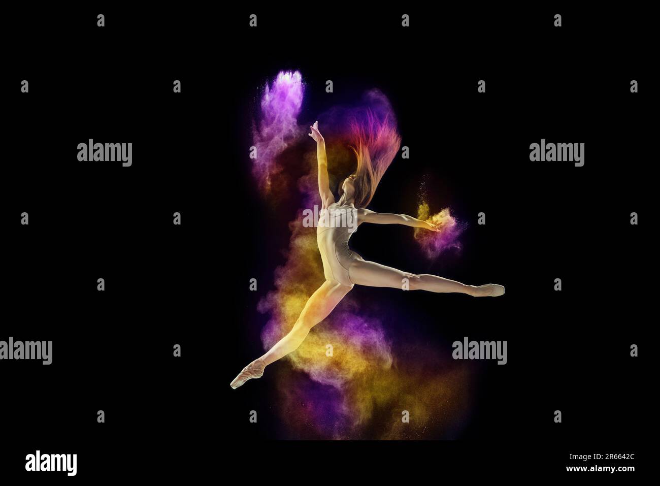 Artistic, talented young girl, ballet dancer in beige bodysuit ...