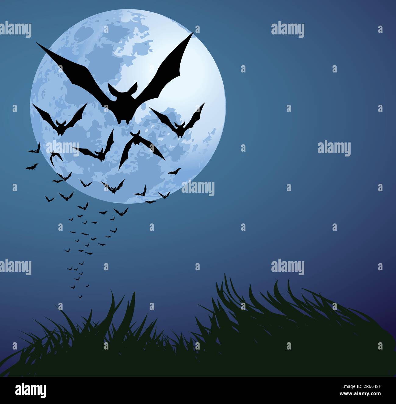 illustrations of halloween night with bats flying over blue moon Stock ...