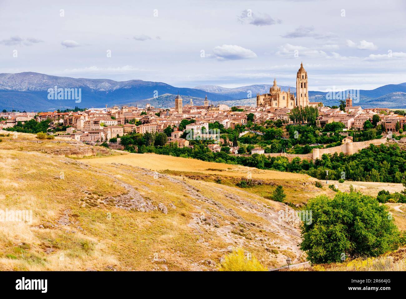 Fields around the town. View of the medieval old city surrounded by ...