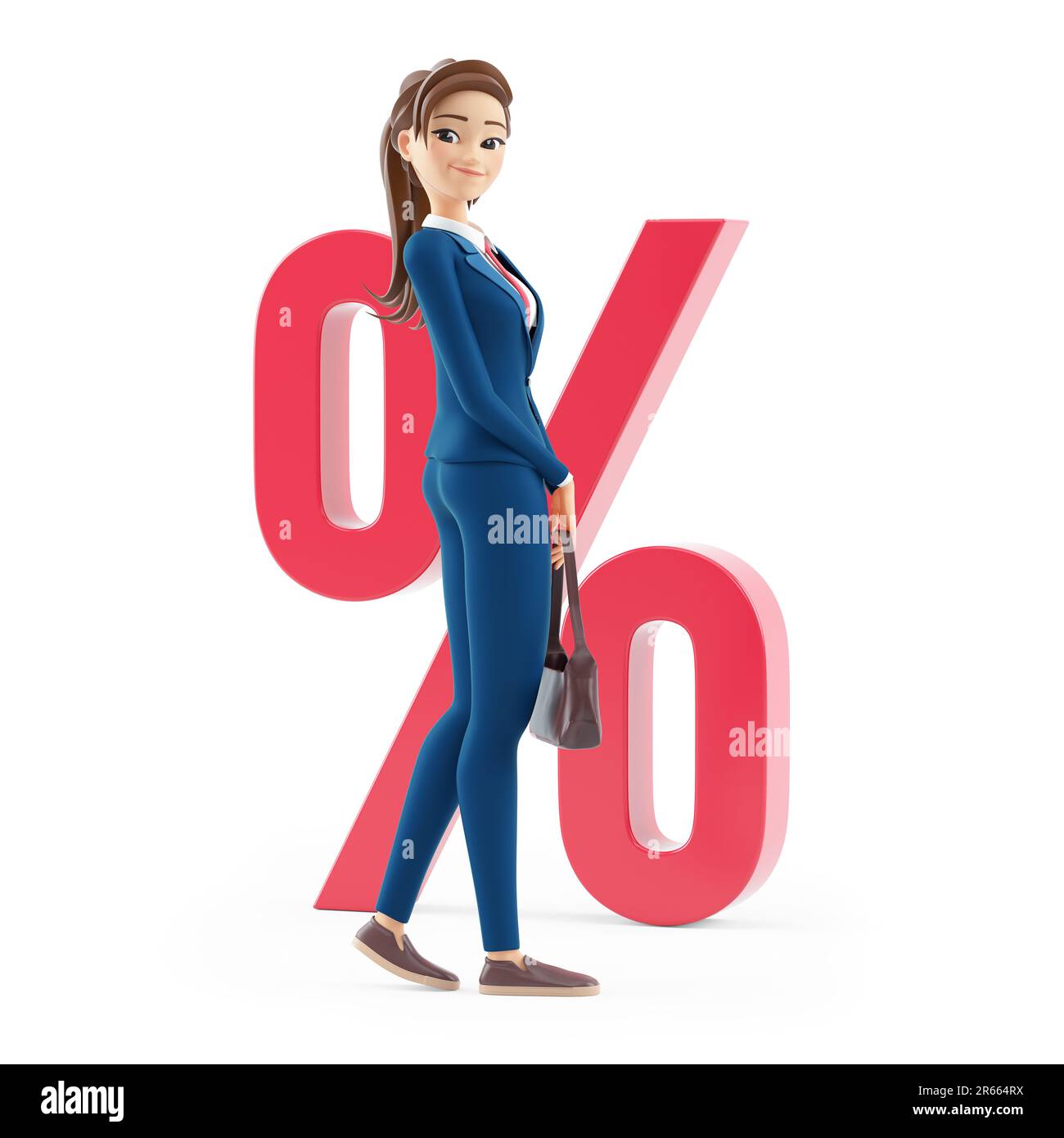 3d cartoon businesswoman in front of percent sign, illustration ...