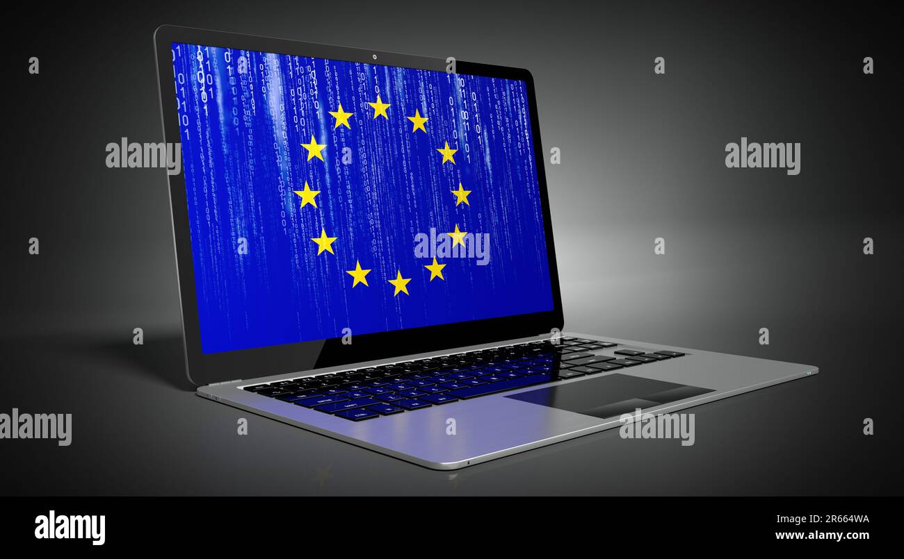 European Union - country flag and binary code on laptop screen - 3D ...