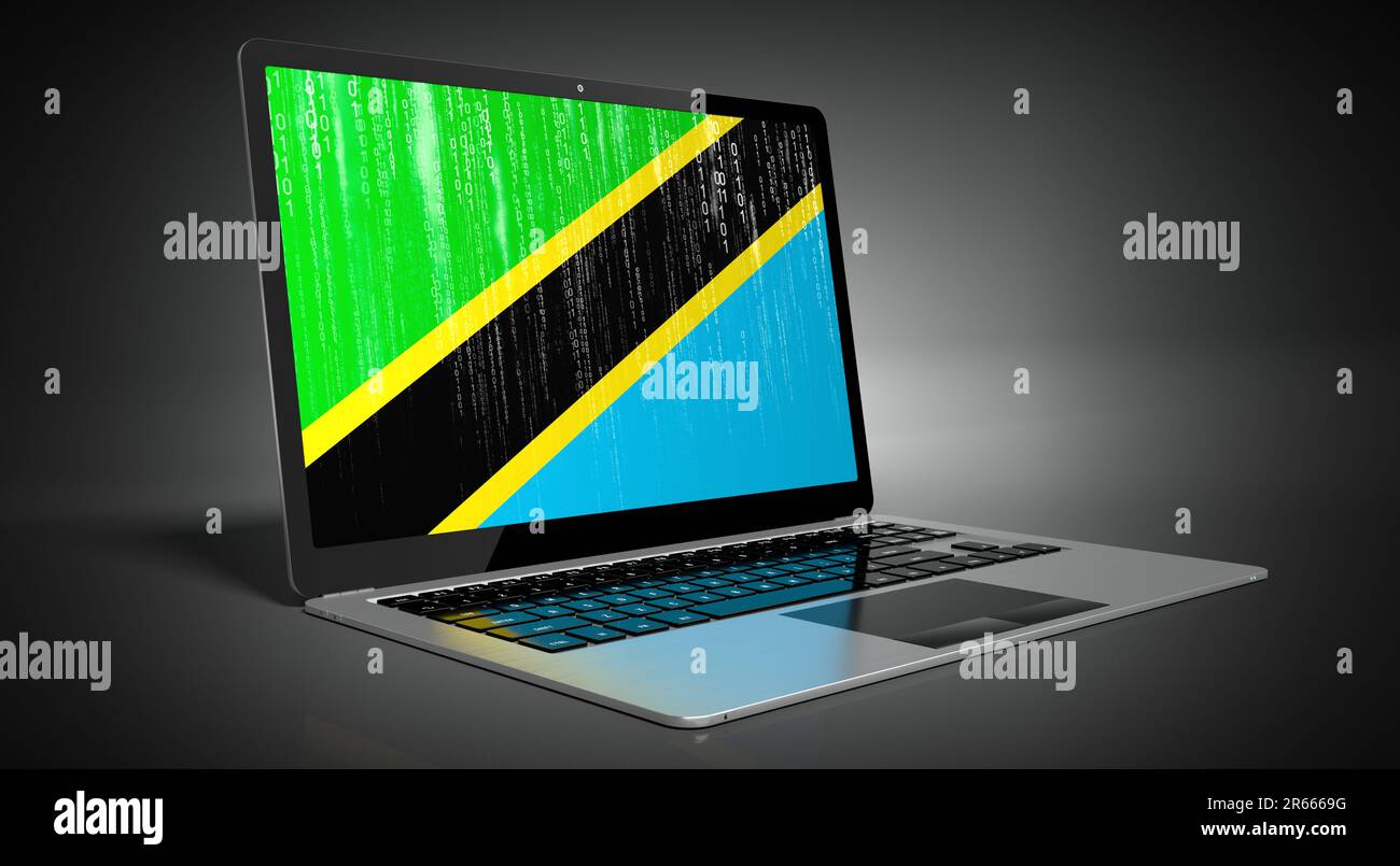 Tanzania - country flag and binary code on laptop screen - 3D ...