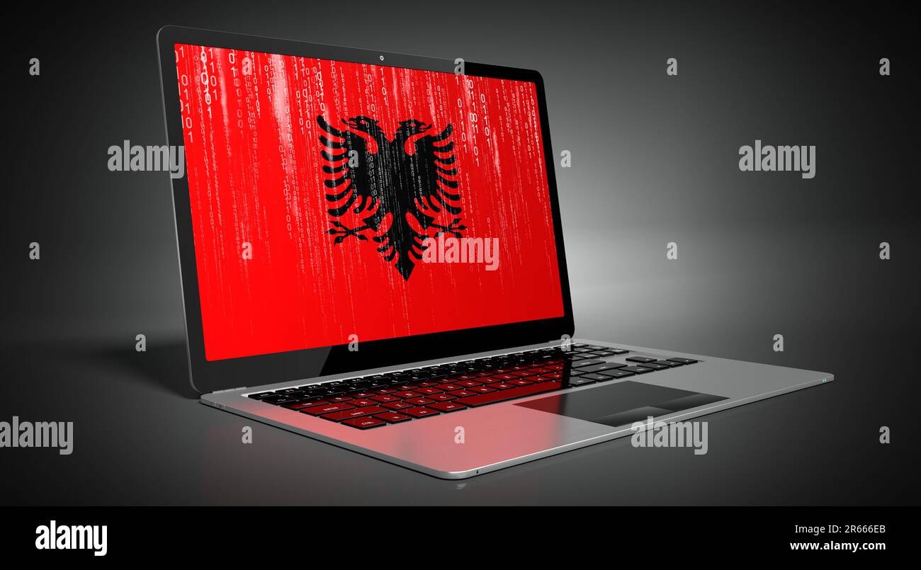 Albania - country flag and binary code on laptop screen - 3D ...