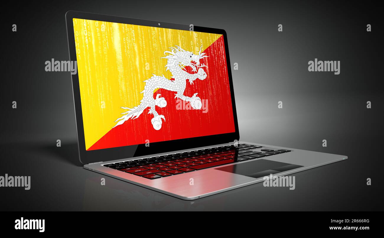 Bhutan - country flag and binary code on laptop screen - 3D ...