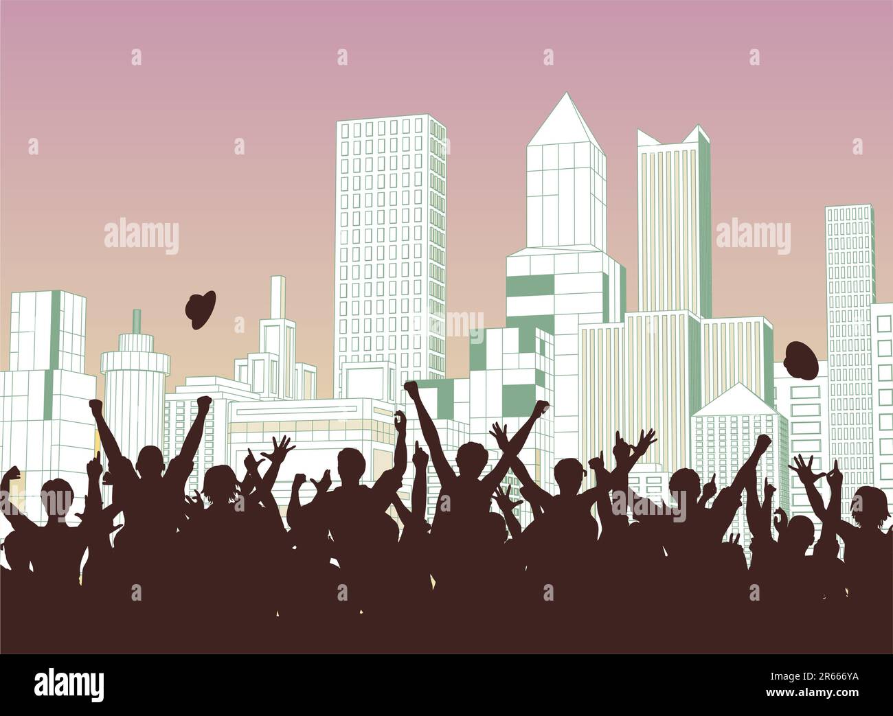 Editable vector silhouette of a crowd celebrating on a city street ...