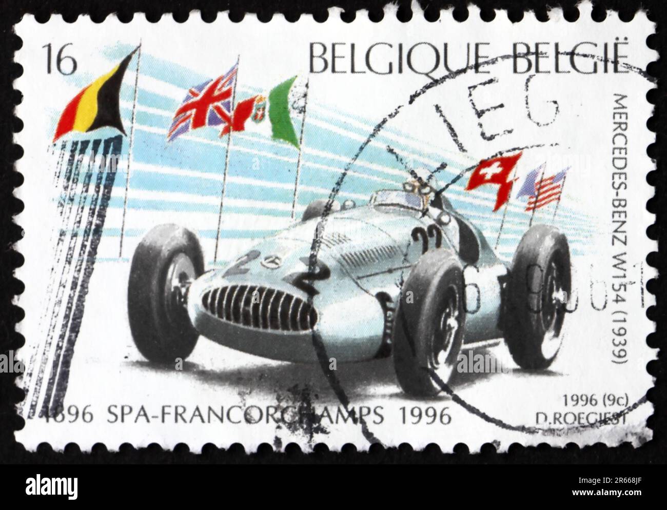 BELGIUM - CIRCA 1996: a stamp printed in Belgium shows 1939 Mercedes ...
