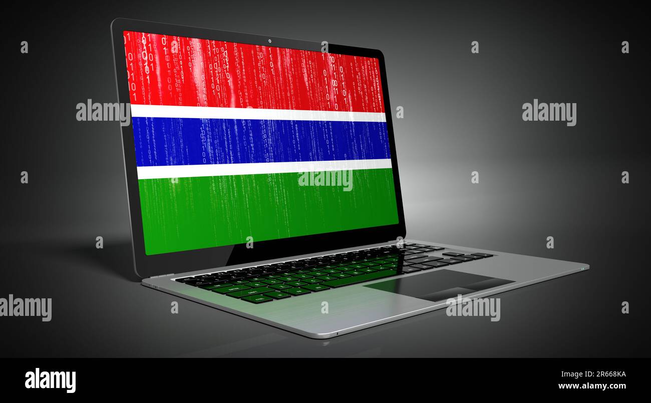 Gambia - country flag and binary code on laptop screen - 3D ...