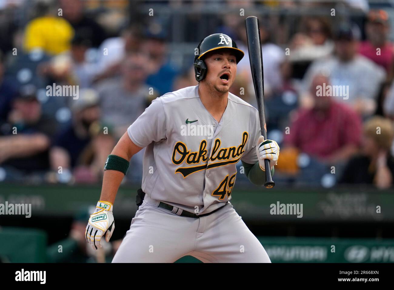 Oakland Athletics' Ryan Noda bats during a baseball game against the ...