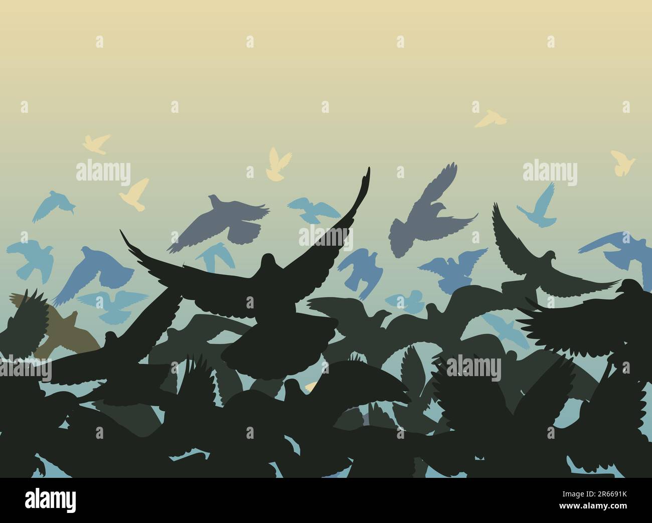 Vector design of a flock of pigeons taking off with each bird as a ...