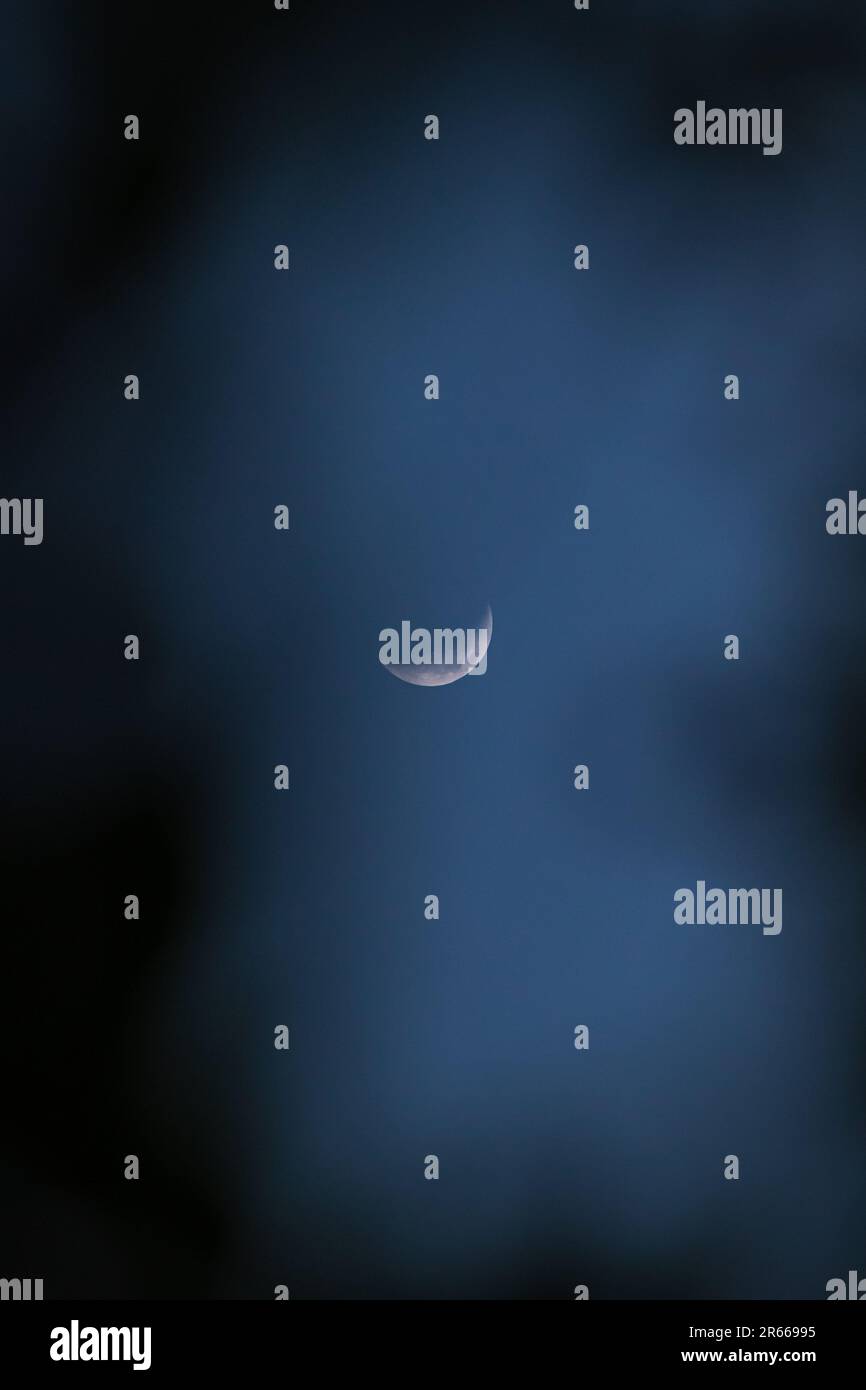 Bathed in a peaceful, tranquil night sky, the crescent moon illuminates ...