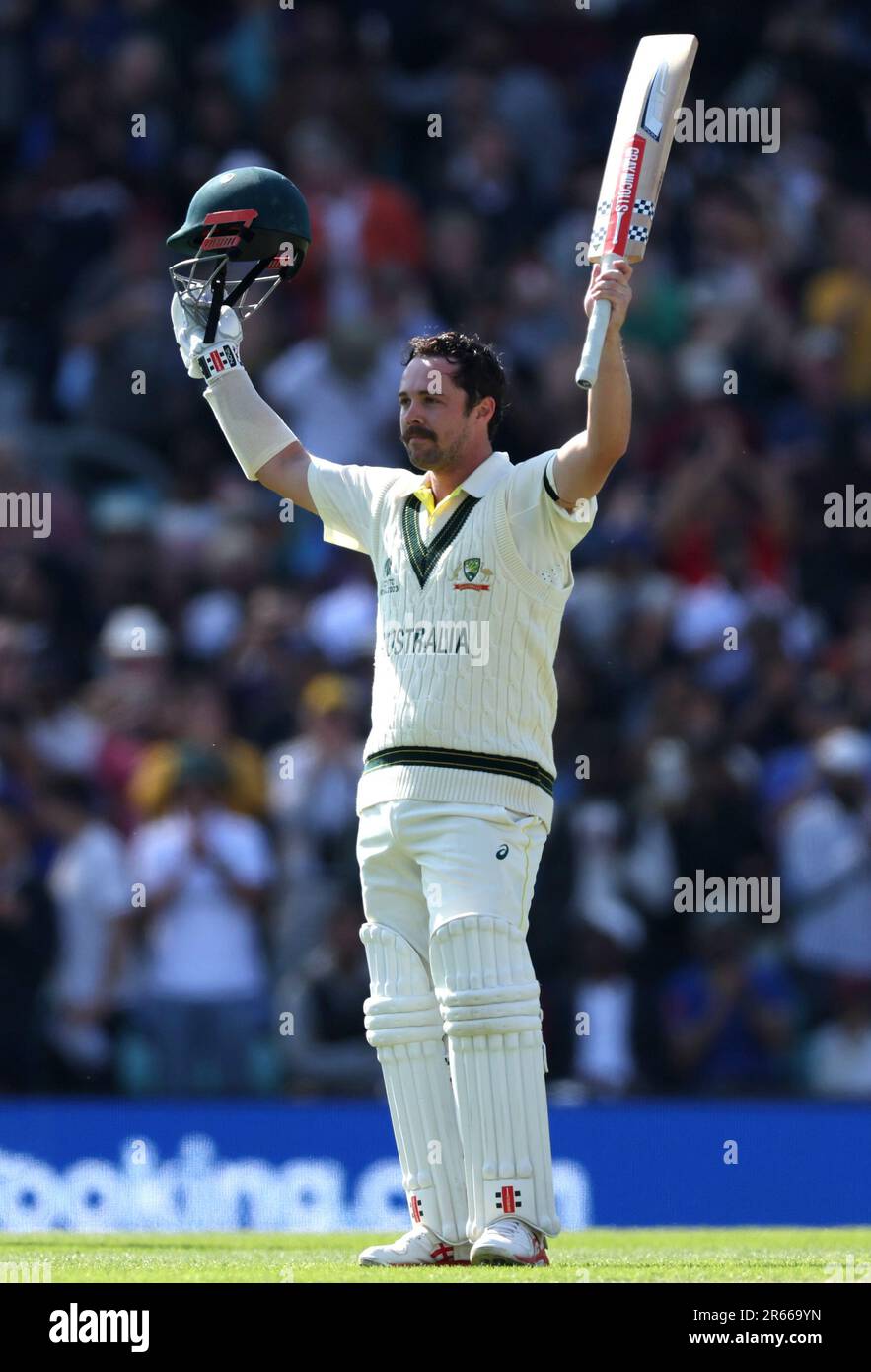 Australia's Travis Head celebrates reaching a century during day one of ...