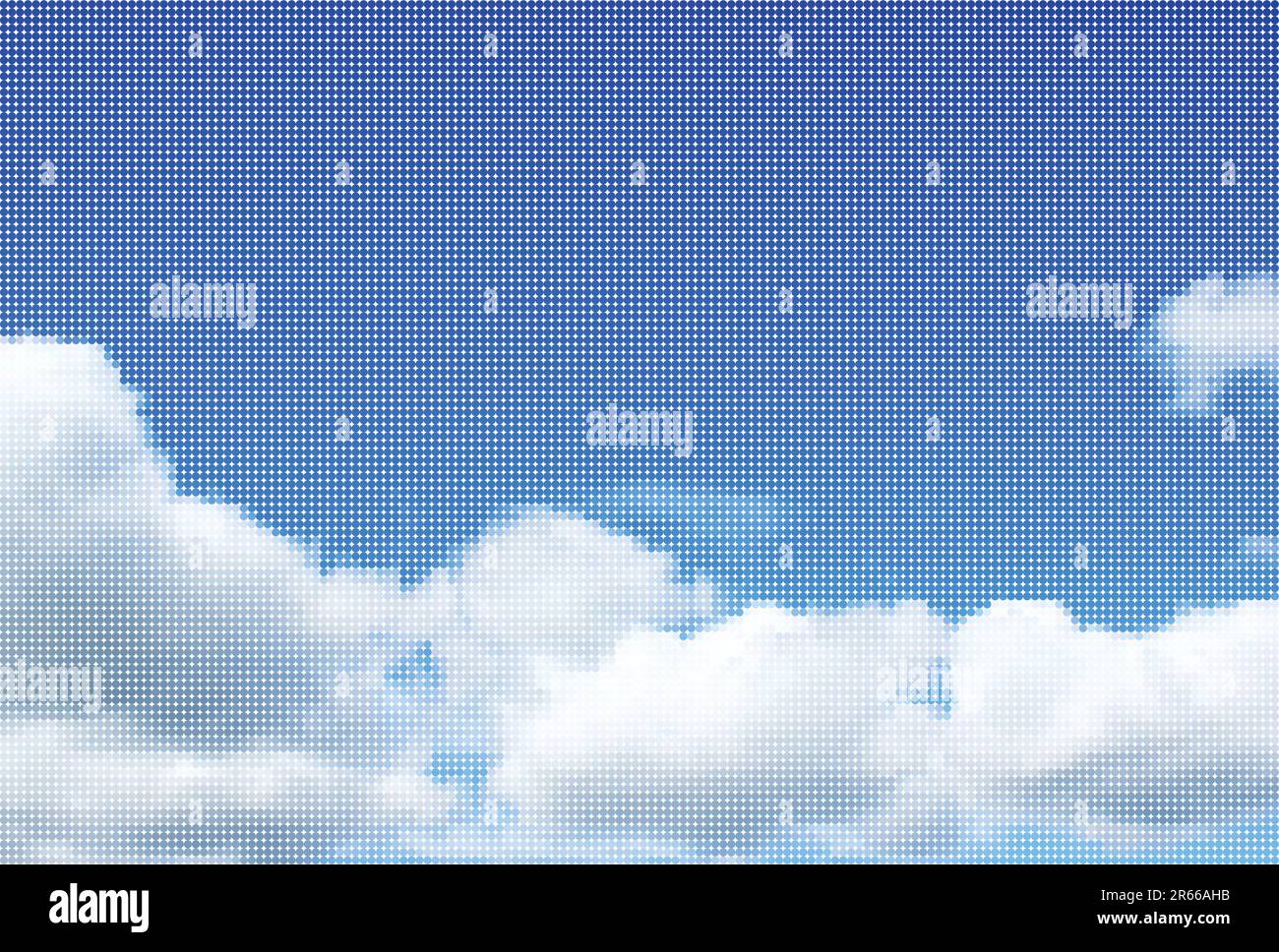 Halftone dot background of sunshine in a blue sky with fluffy white ...