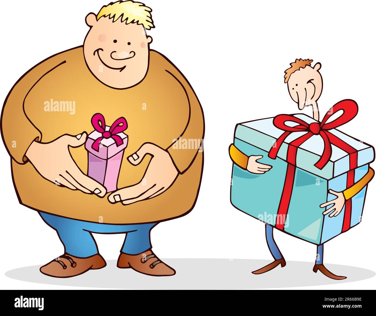 Illustration of big man with small gift and thin guy with huge one ...
