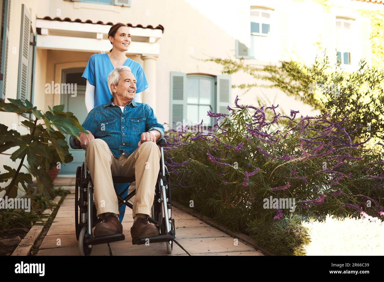 Senior man, nurse and wheelchair for walk, relax or healthcare support ...