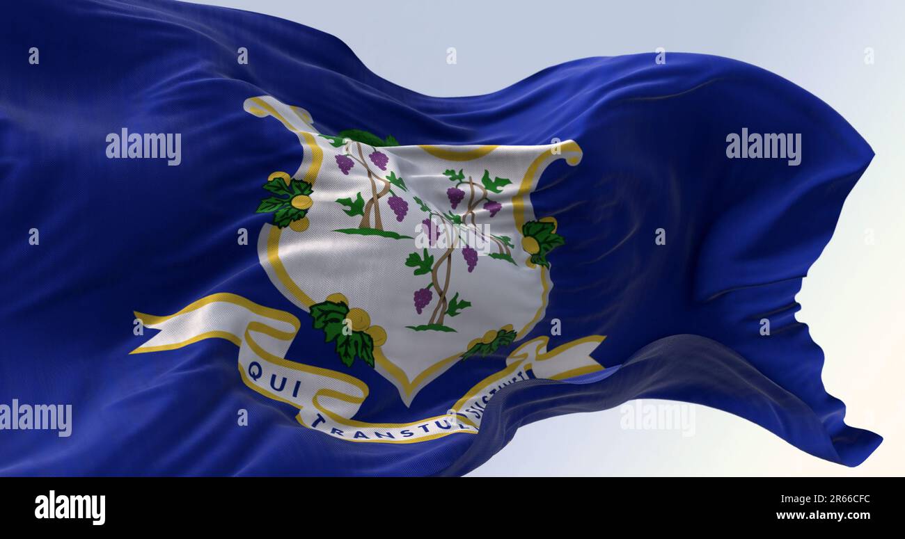 Close-up view of the Connecticut state flag fluttering. White shield on ...
