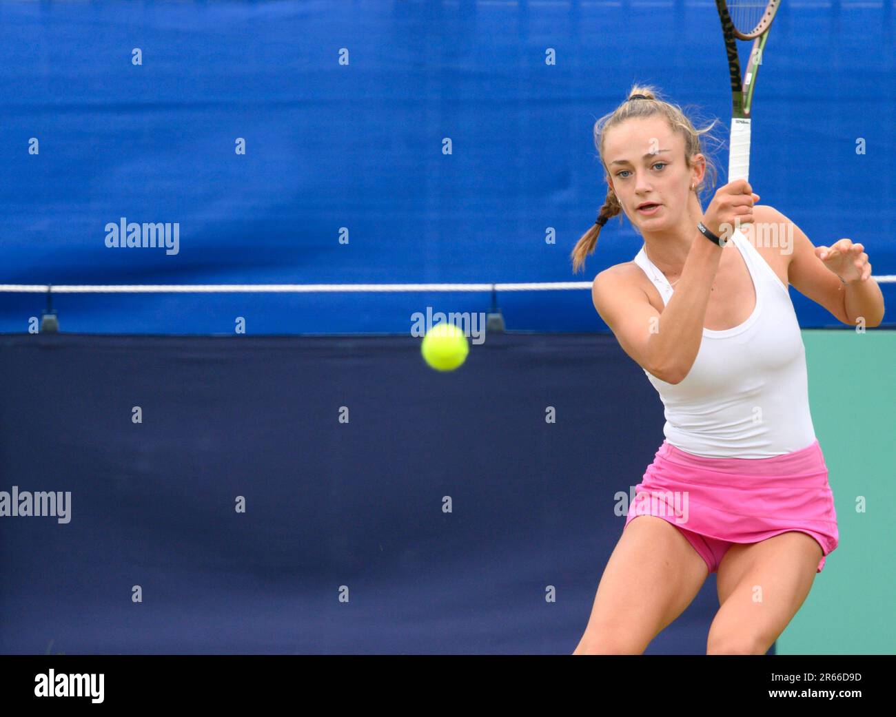 Isabelle Lacy (GBR) playing in the first round at the Surbiton Trophy ...