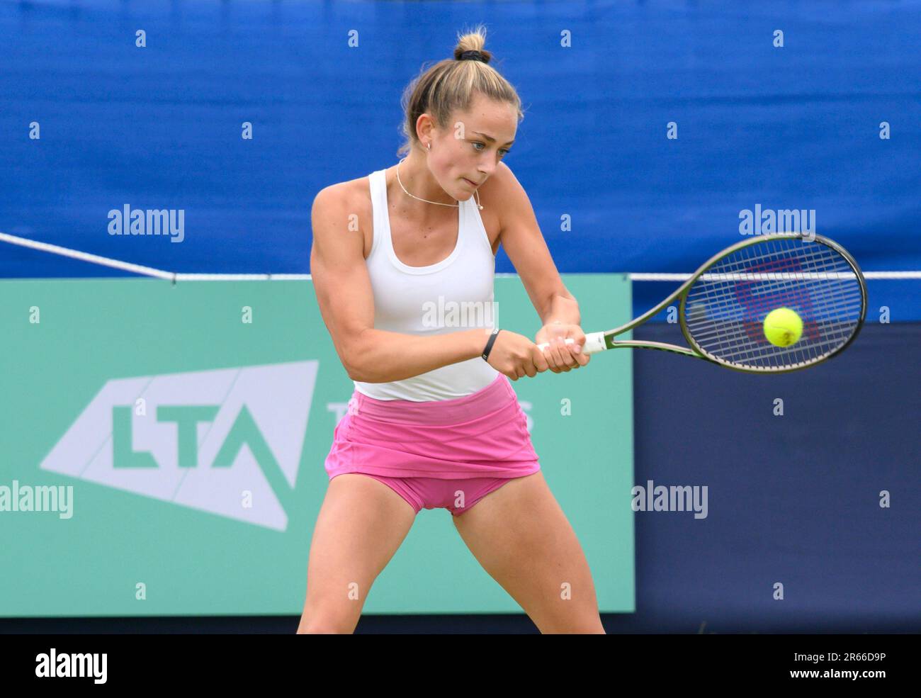 Isabelle Lacy (GBR) playing in the first round at the Surbiton Trophy ...