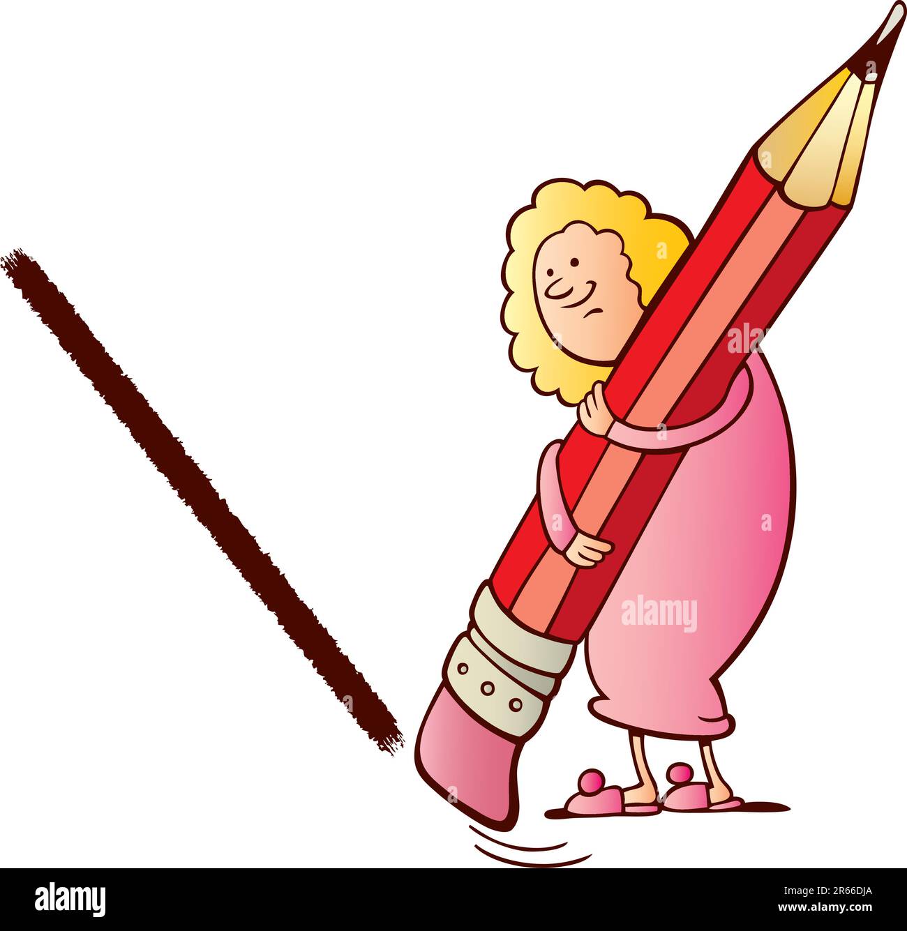 Illustration of Woman erasing line with huge pencil rubber Stock Vector ...