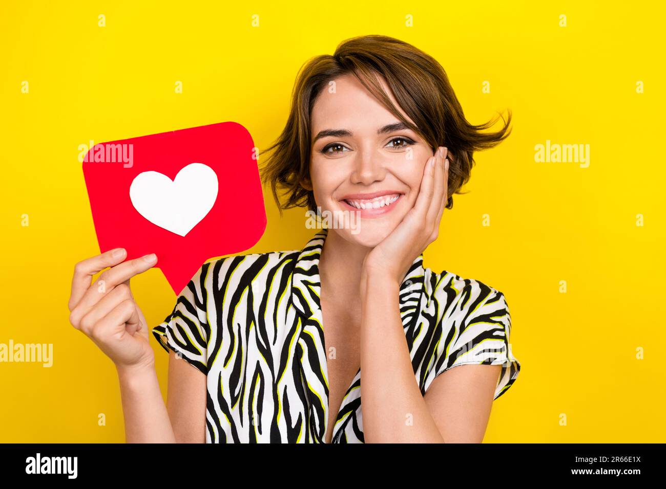 Closeup portrait cheerful cute lady influencer hold heart like ...