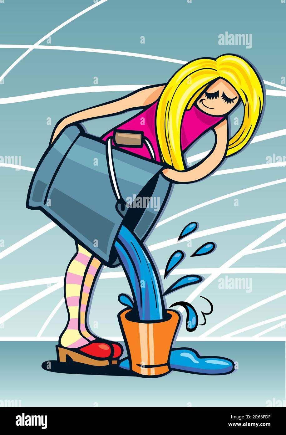Cartoon illustration of cute blonde girl pouring water from big bucket ...