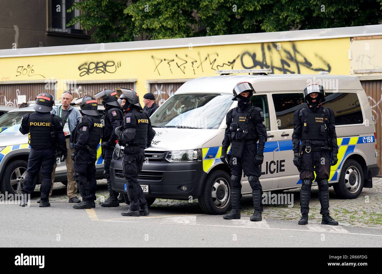 Police in riot gear outside the Fortuna Arena, ahead of the UEFA Europa ...
