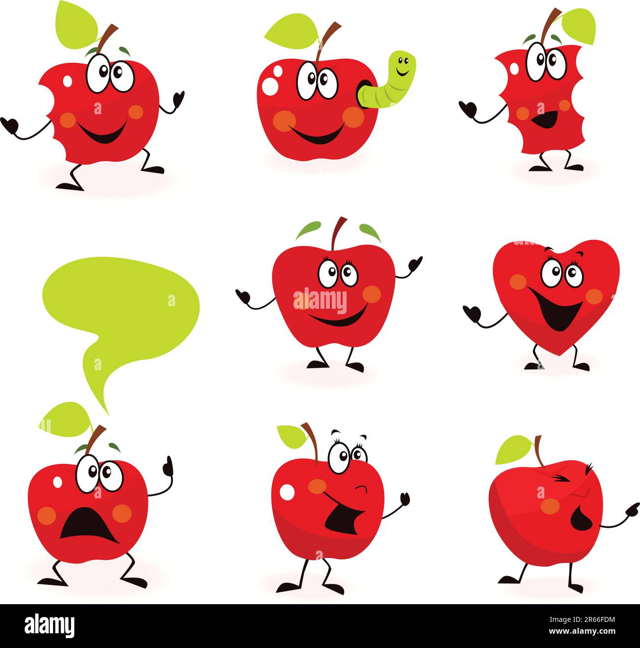Set of funny apple characters in poses. Apple with garden worm, apple ...