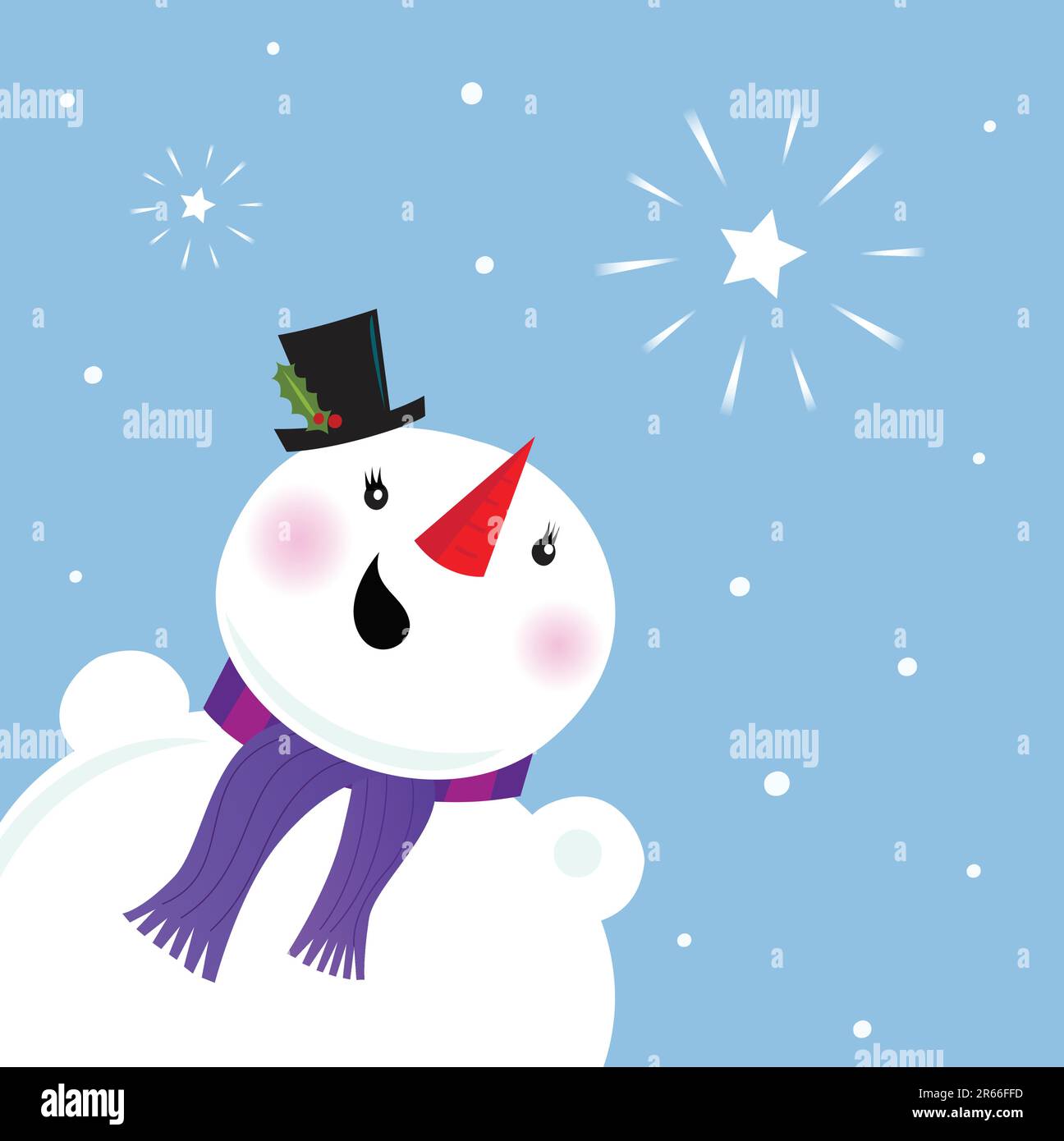 Snowman looking at the snow and christmas star. Vector Illustration ...