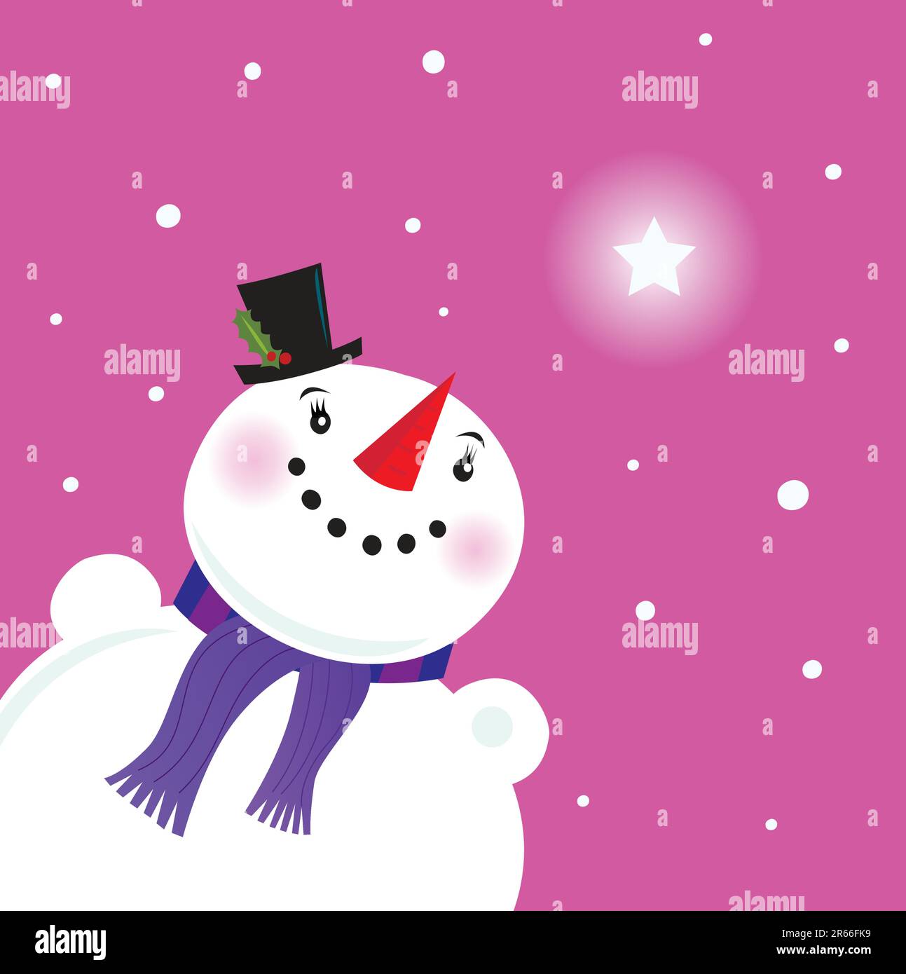Snowman looking at the snow and christmas star. Vector Illustration ...