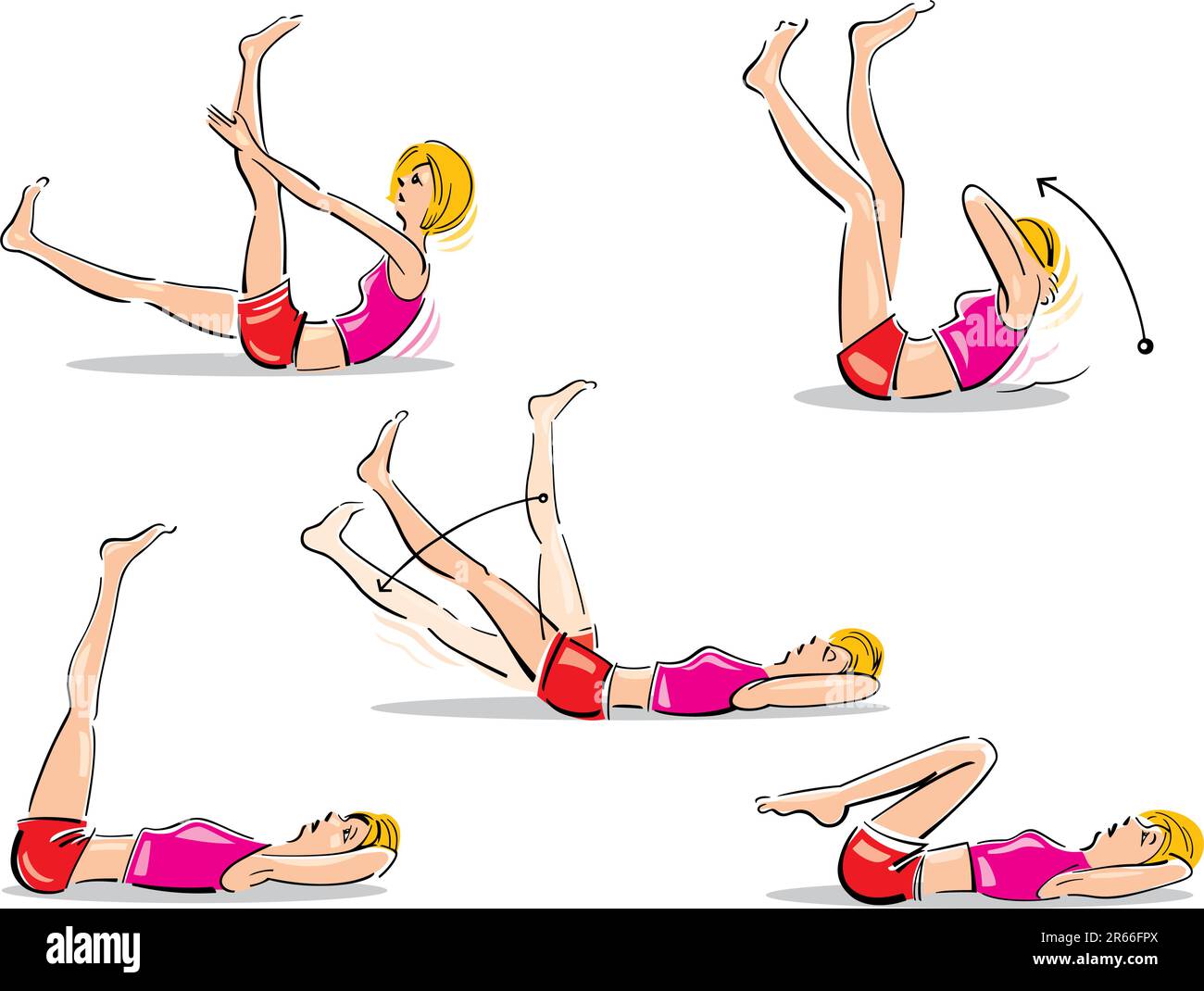 illustration of woman doing different abdominal exercises Stock Vector ...